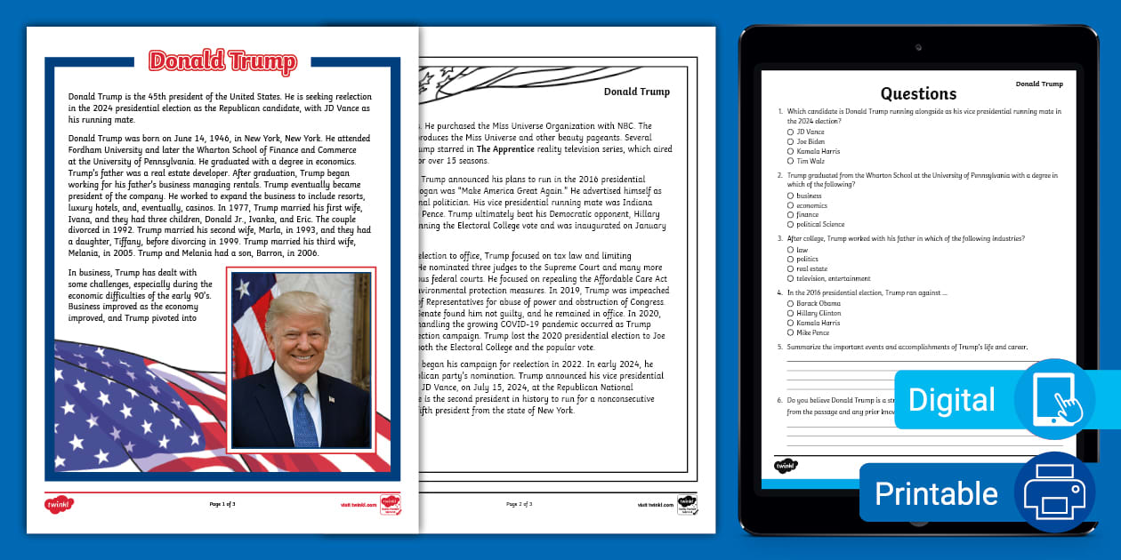 Seventh Grade Donald Trump Reading Comprehension Worksheet