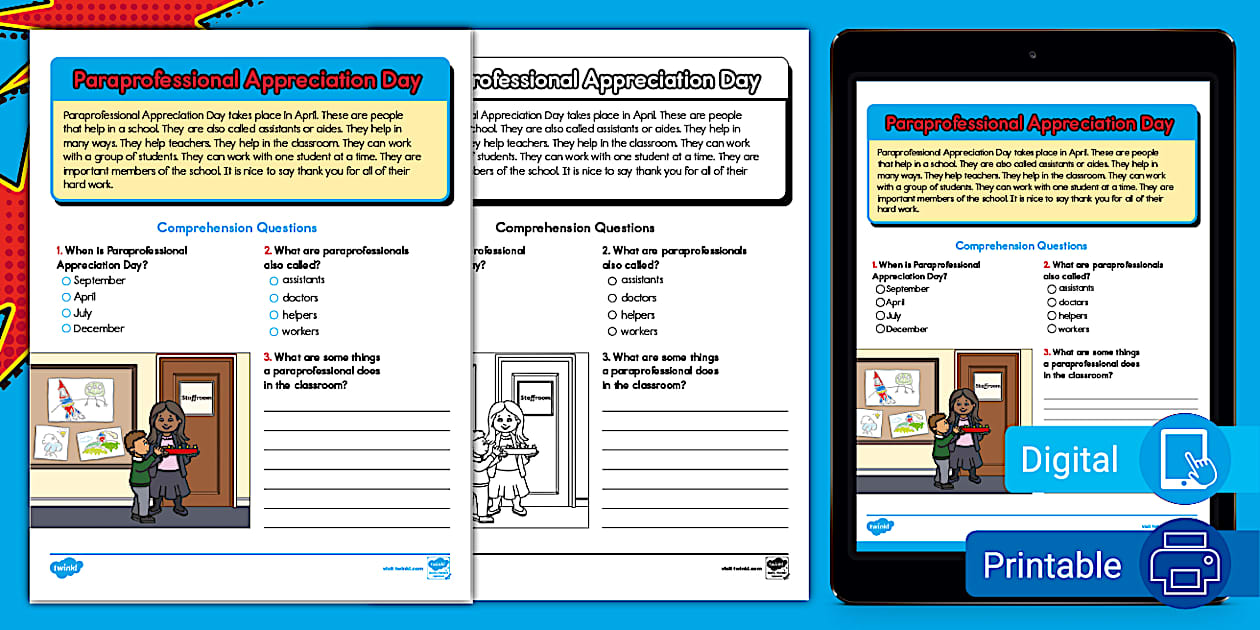 Paraprofessional Appreciation Day Comprehension | Twinkl USA