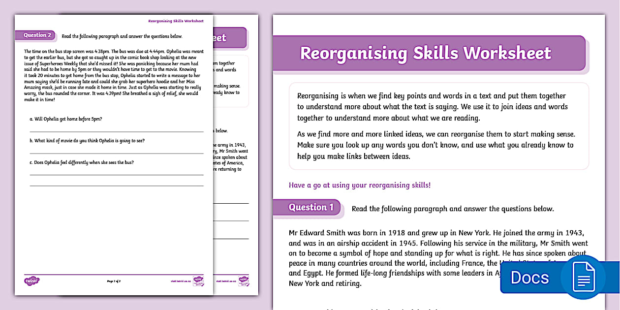 Reading Comprehension Skills: Reorganising Worksheet (Year 3-4)