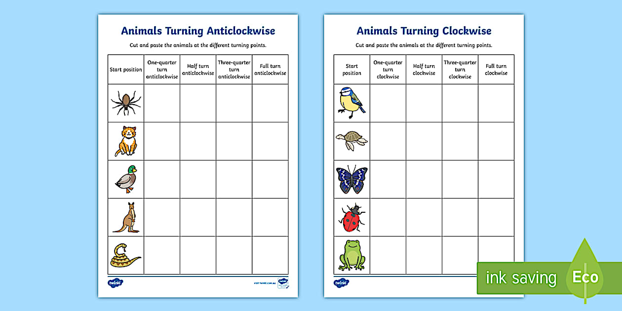Editable Animals Turning Clockwise and Anticlockwise Worksheets