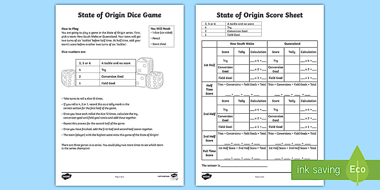 State of Origin Dice Game (teacher made) - Twinkl
