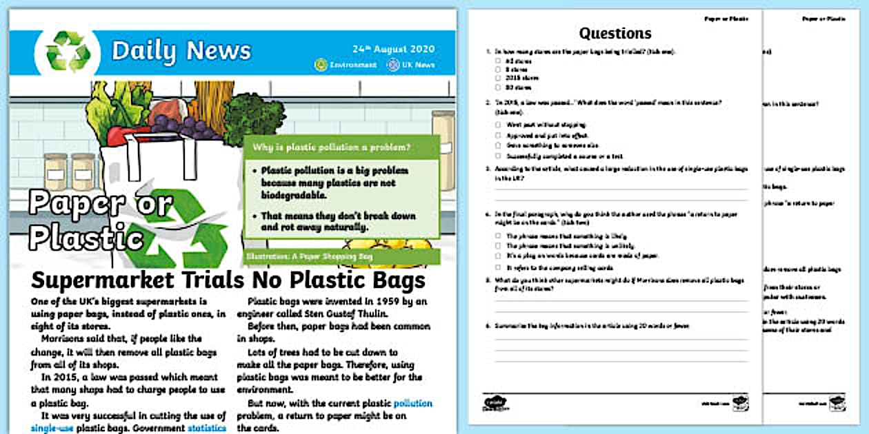 Paper Bags to Replace Plastic? Daily News Story (ages 7-9)