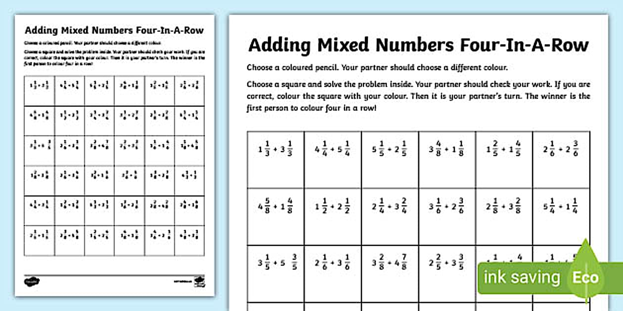 Editable Adding Mixed Number Fractions 4-in-a-Row Game