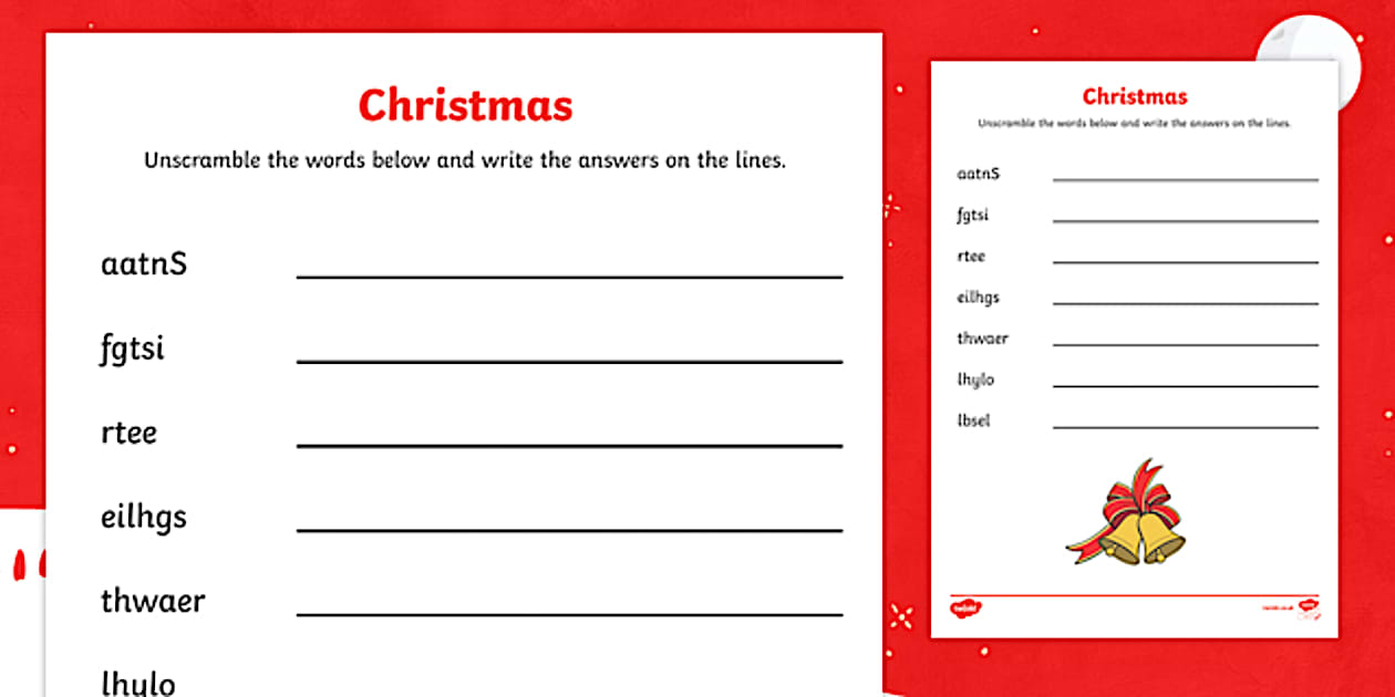 Black and White Christmas Word Unscramble Activity - Twinkl