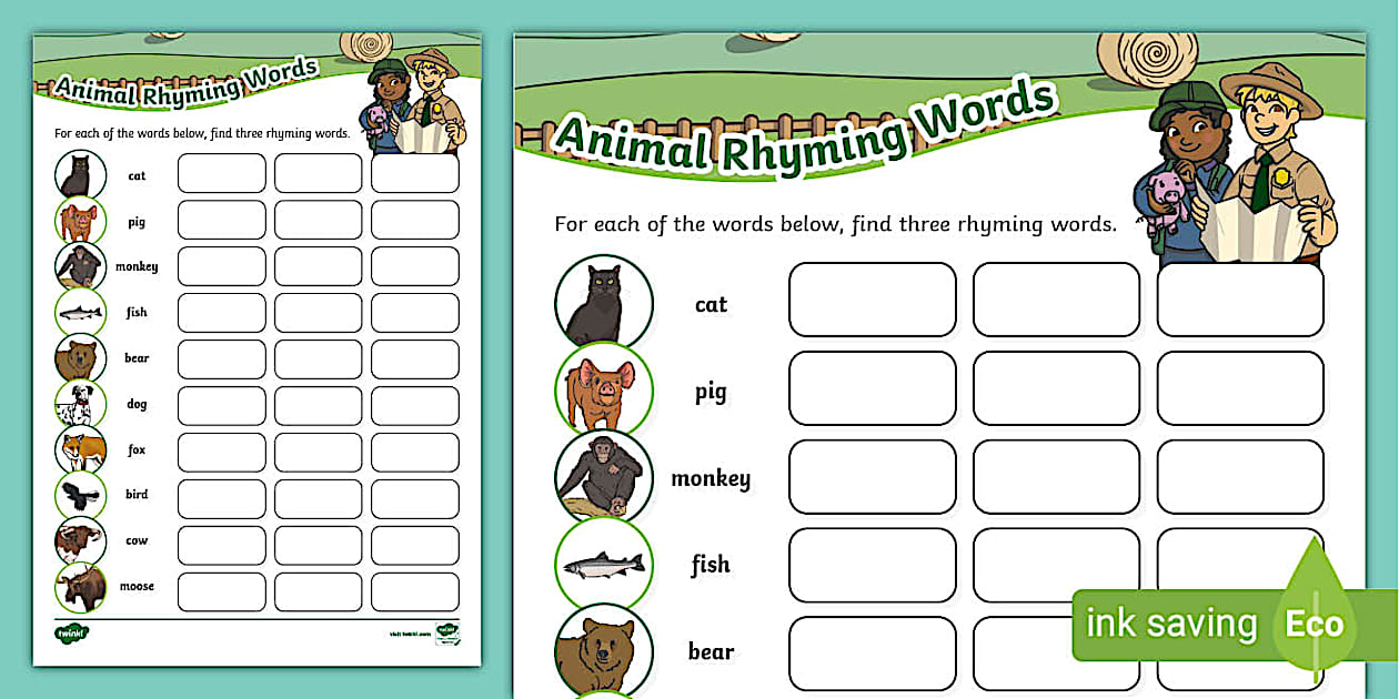 Animal Rhyming Words Worksheet