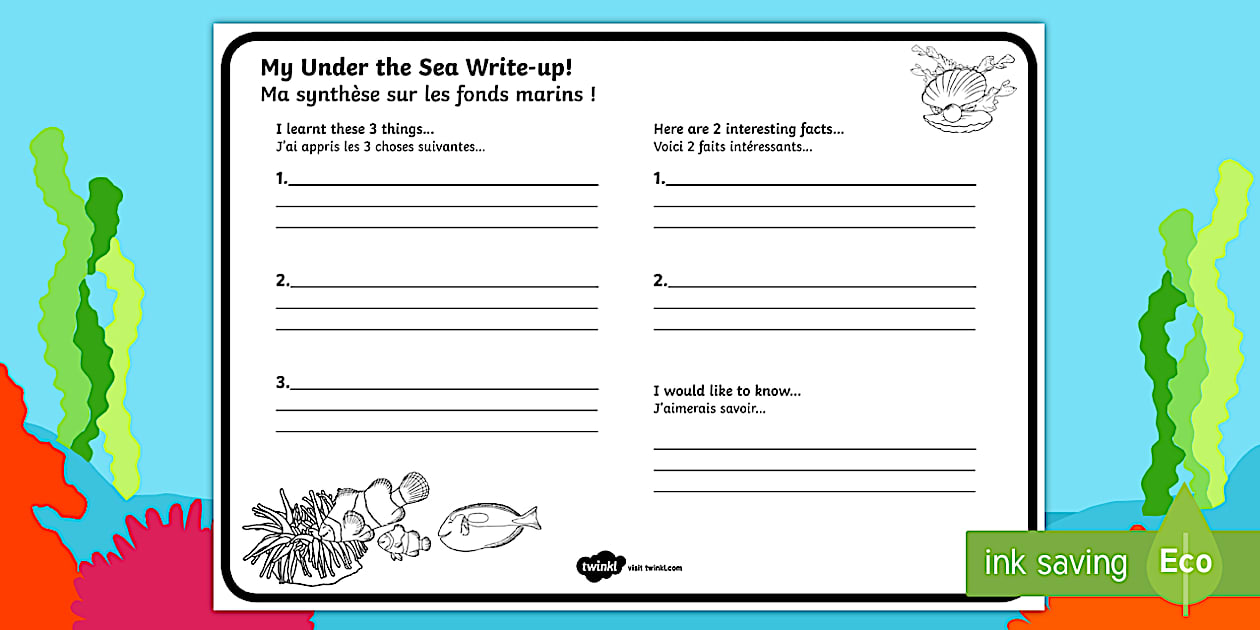 Under the Sea Write Up Worksheet English/French - Under the Sea Write Up