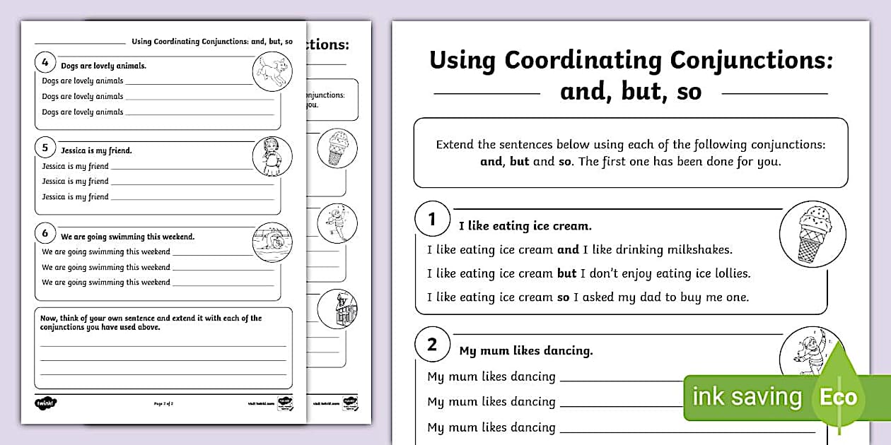 Using Coordinating Conjunctions: And, But, So Activity Sheet