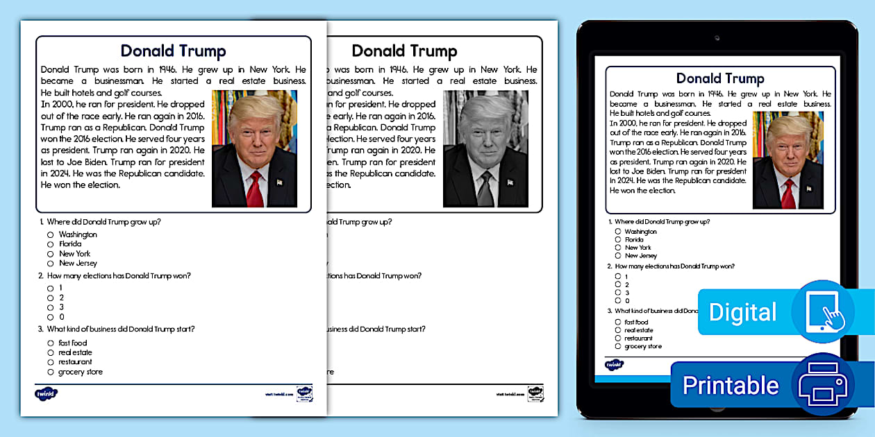 Kindergarten Donald Trump Reading Passage Comprehension