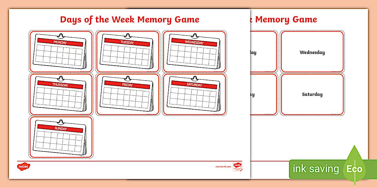 Days of the Week Memory Game (teacher made) - Twinkl