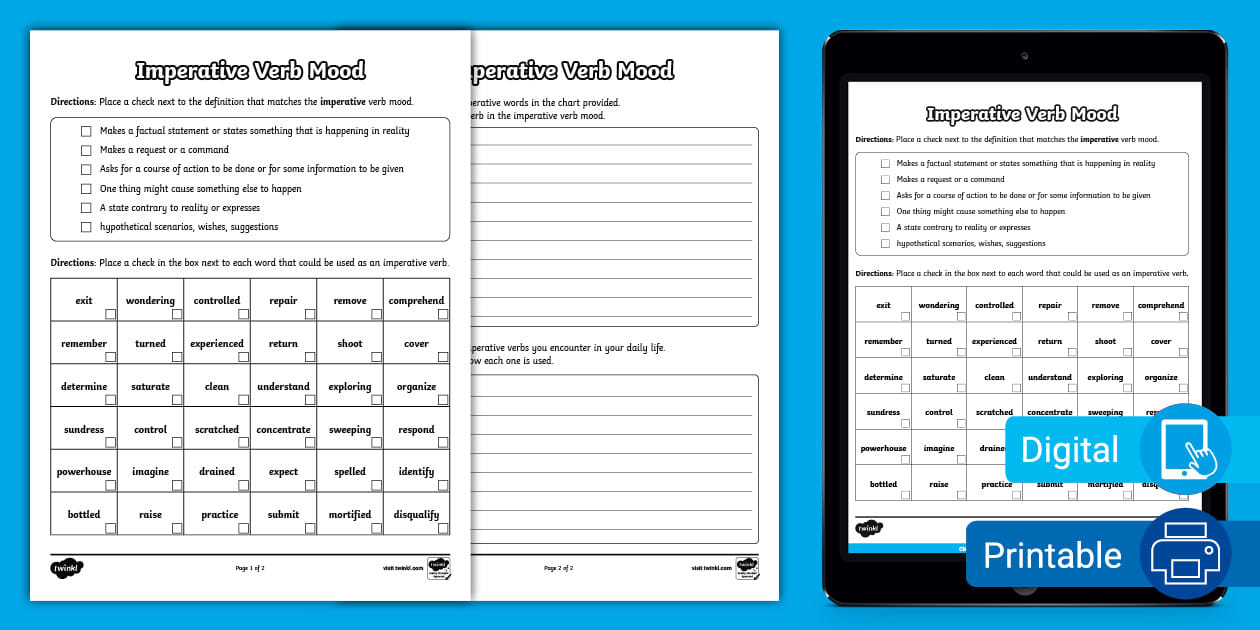 Imperative Verb Mood Worksheet for 6th-8th Grade - Twinkl