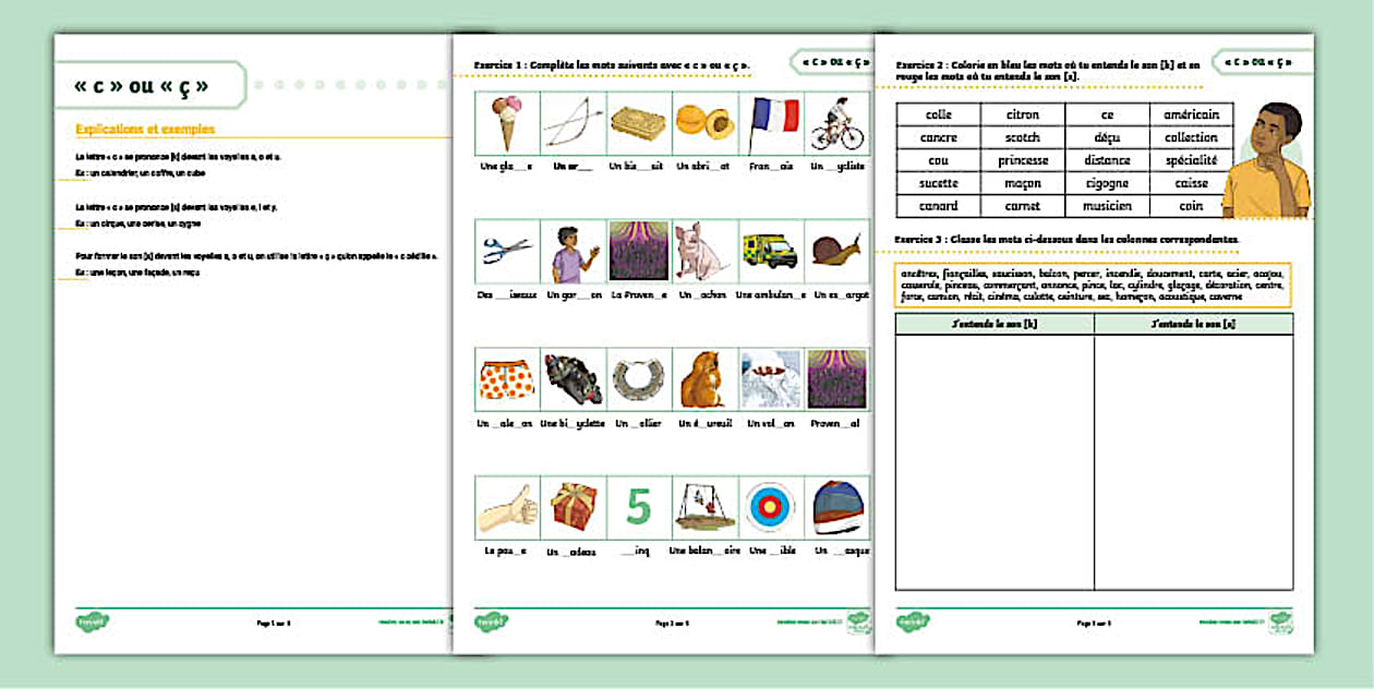 Leçon et activité de phonologie : c et ç