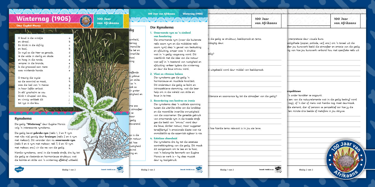 100 Jaar Van Afrikaans Winternag Eugene Marais Begripstoets en Aktiwiteite