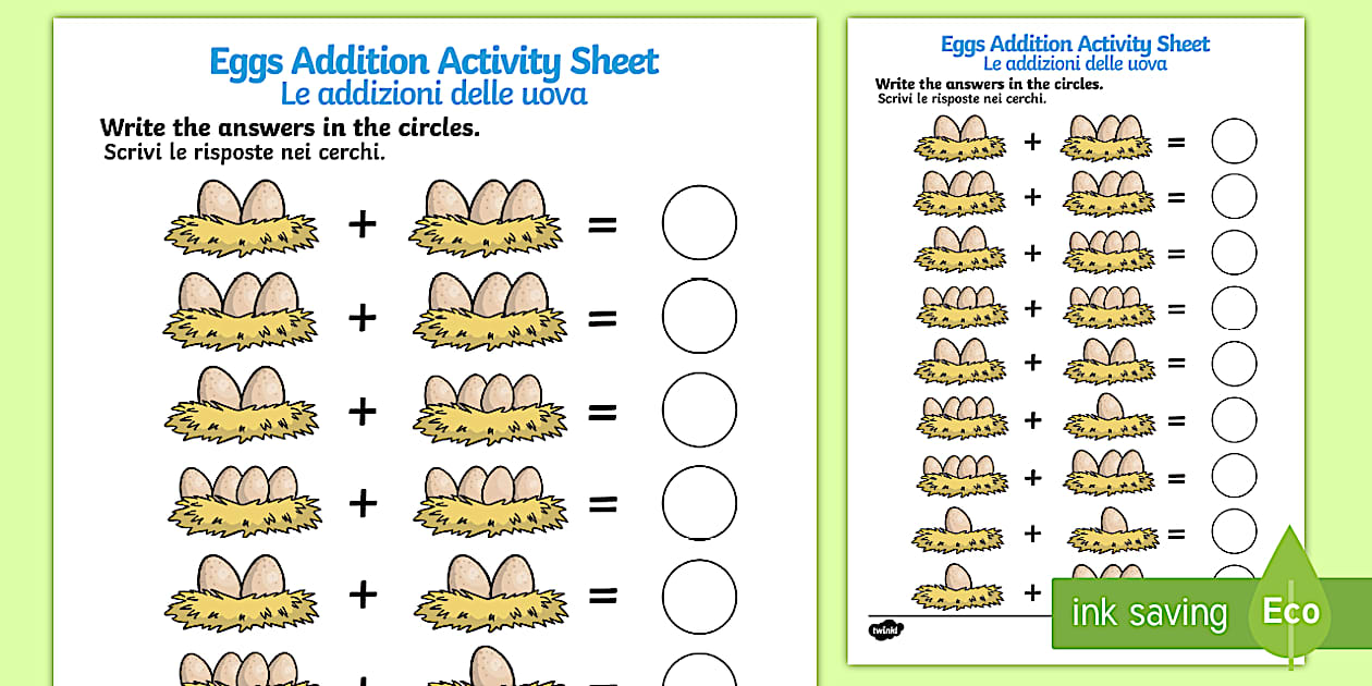 Eggs in Nests Addition Sheet English/Italian (teacher made)