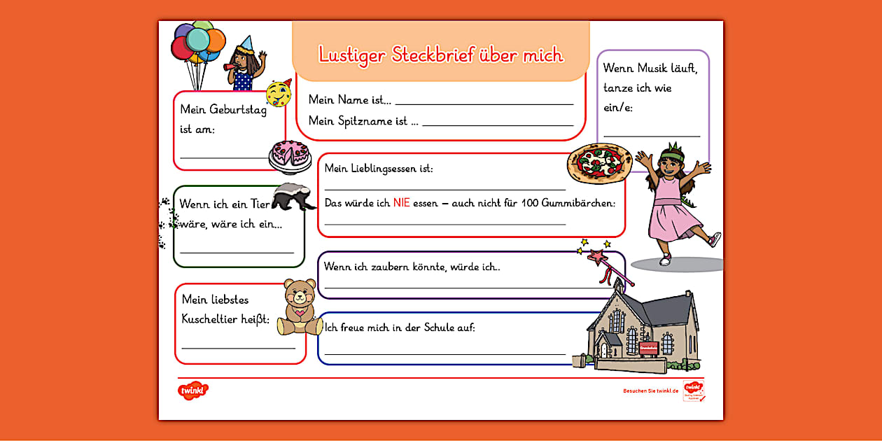 Lustiger Steckbrief über mich (teacher made) - Twinkl