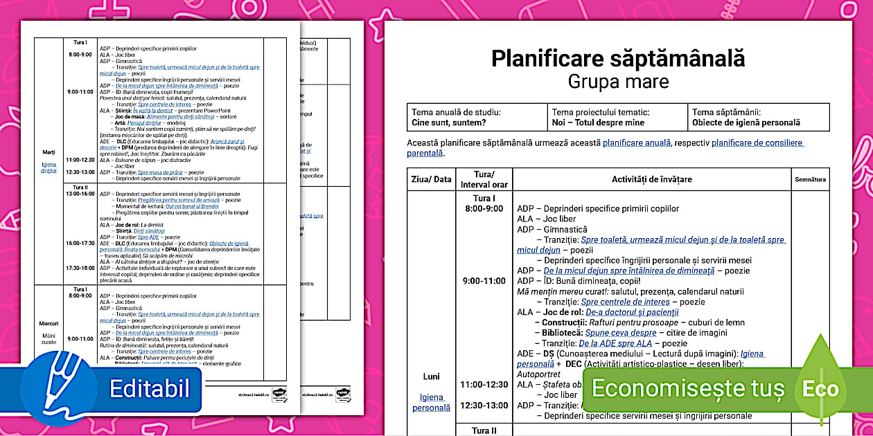 Obiecte de igienă – Planificare săptămânală grupa mare