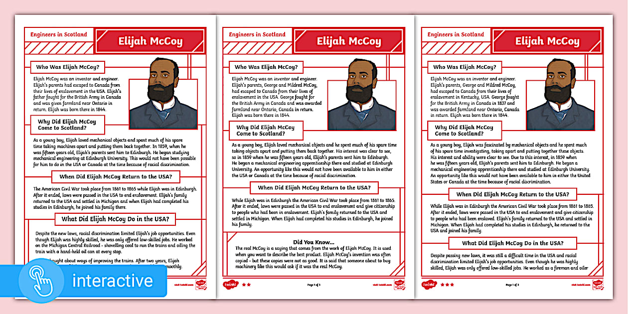 Interactive PDF: Elijah McCoy Reading Comprehension - Twinkl