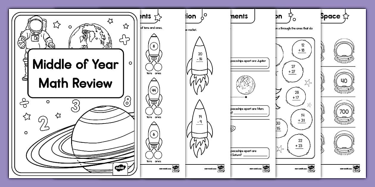 Second Grade Space-Themed Middle of Year Math Review Booklet