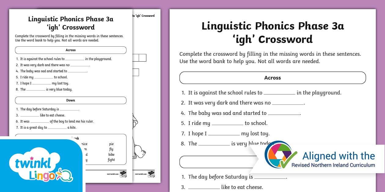 Linguistic Phonics Phase 3a 'igh' Crossword (Teacher-Made)