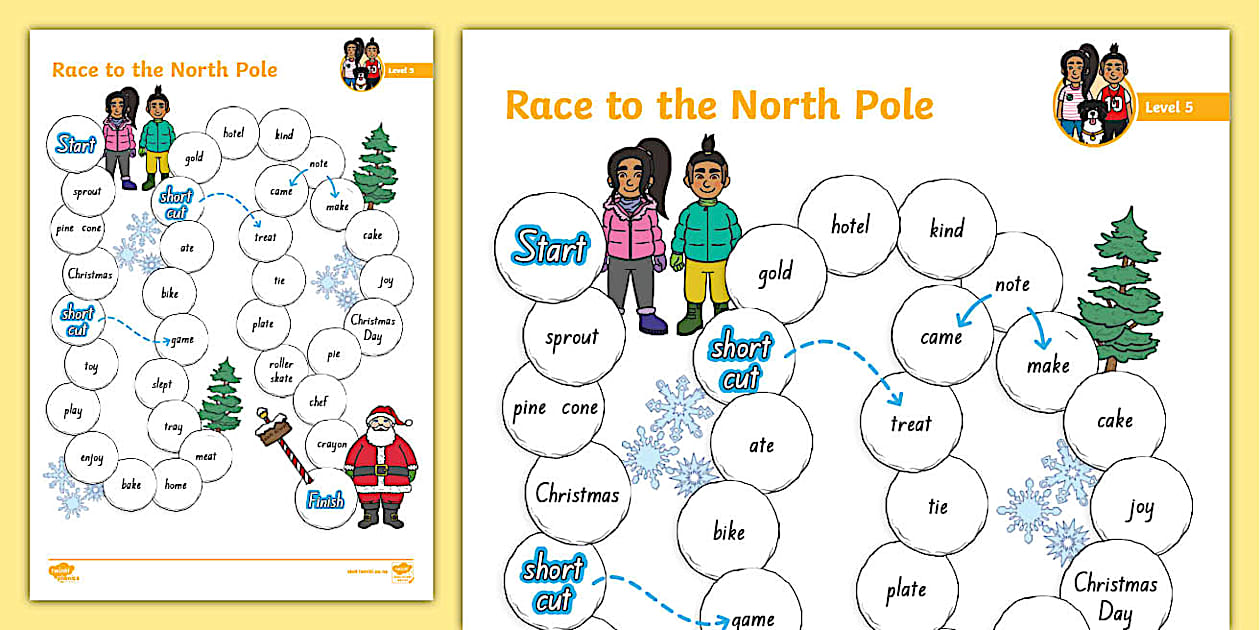 Twinkl Phonics Race to the North Pole Christmas Board Game