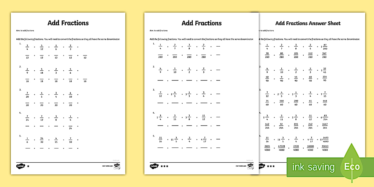 Grade 6 Add Fractions Worksheet / Worksheet 1 - Twinkl