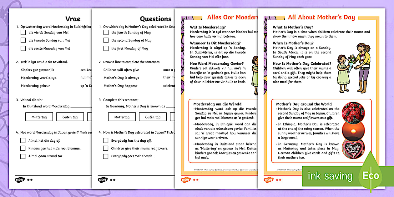 Black and White Mother's Day Differentiated Reading Comprehension Activity