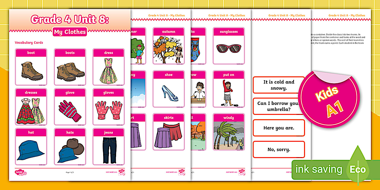 Turkey Curriculum English Vocabulary Cards: Grade 4 Unit 8 (My Clothes)