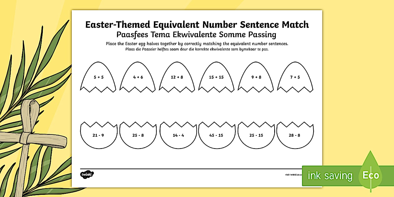 Easter Themed Equivalent Number Sentence Match Worksheet English/Afrikaans