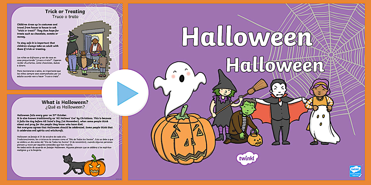 All About Halloween PowerPoint English/Spanish - Twinkl