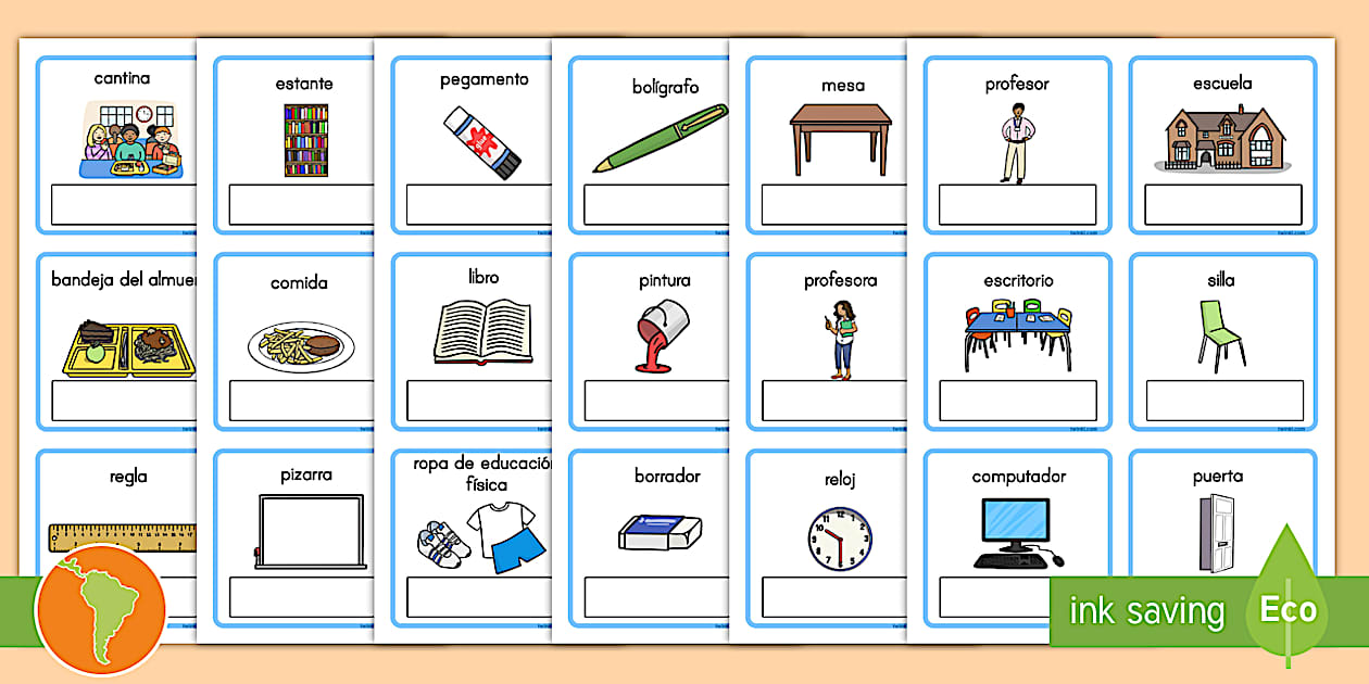 Tarjetas de vocabulario: Cosas de la escuela - Twinkl