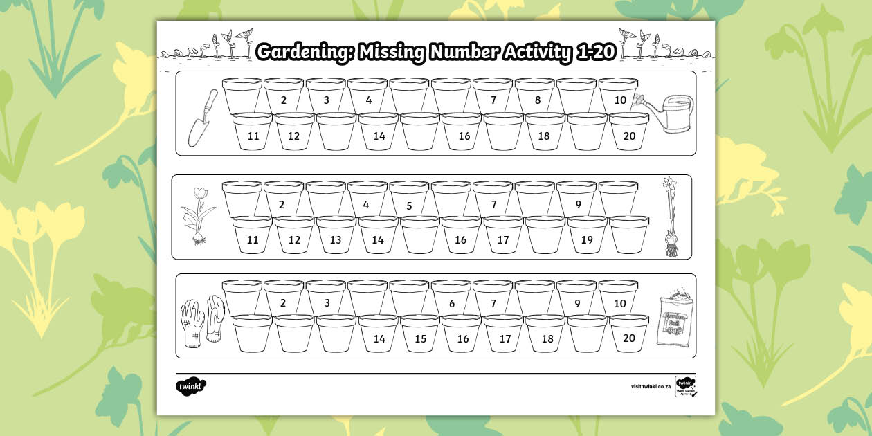 Gardening-Themed Missing Numbers 1-20 Worksheet - Twinkl