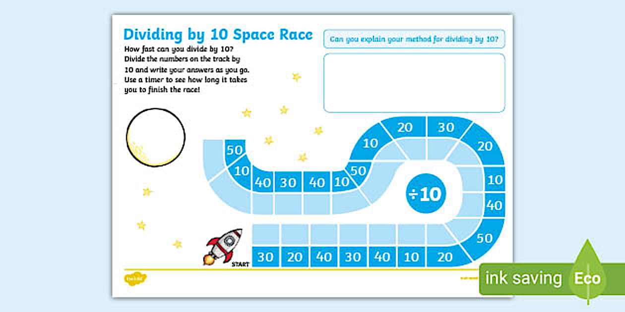 Black and White Dividing by 10 Space Race Worksheet - Twinkl