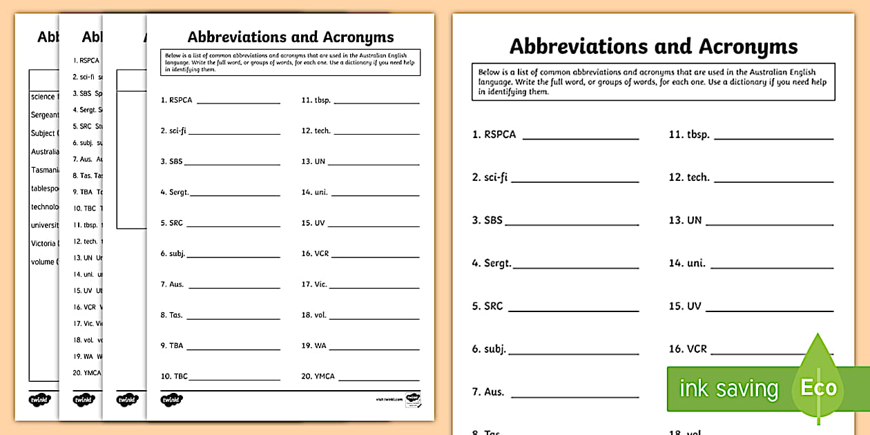 Abbreviations and Acronyms Set 5 Worksheet / Worksheet