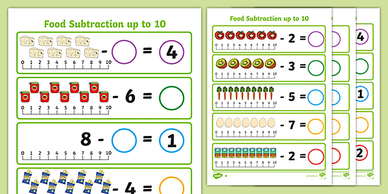 Food-Themed Subtraction within 10 Worksheet (teacher made)