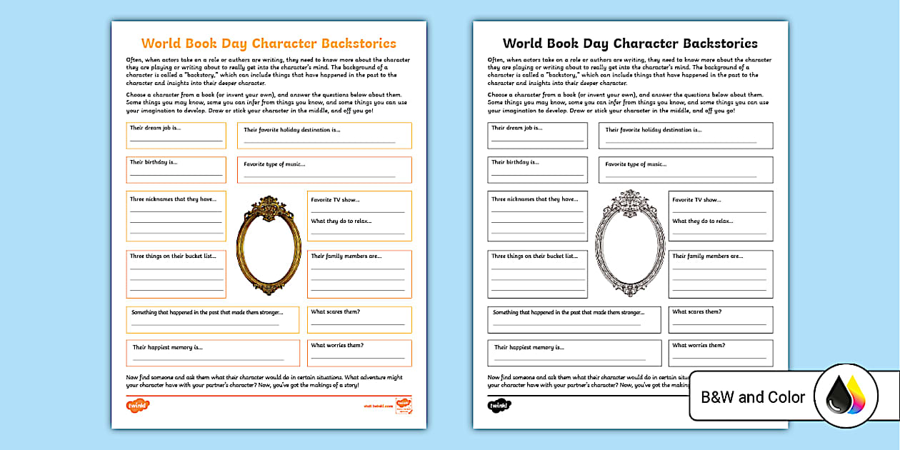 World Book Day Character Back Stories Worksheet for 3rd-5th Grade