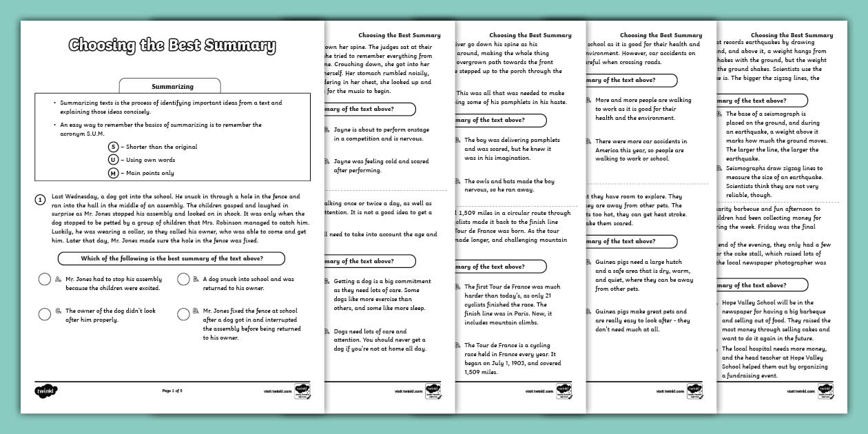 Sixth Grade Choosing the Best Summary Worksheet - Twinkl