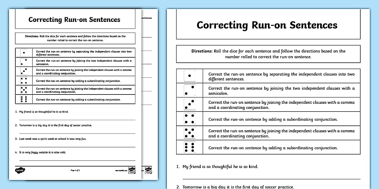 Fourth Grade Correcting Run-on Sentences Dice Activity