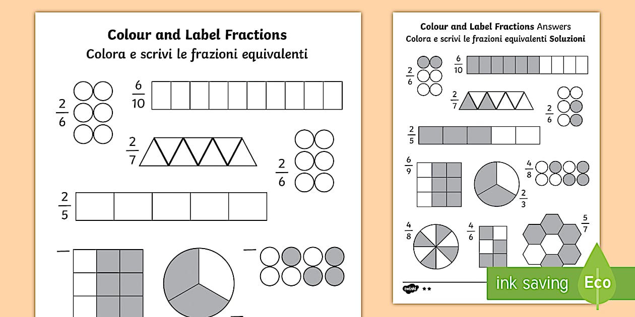 Colour and Label Fractions Worksheet / Worksheet English/Italian - Shading