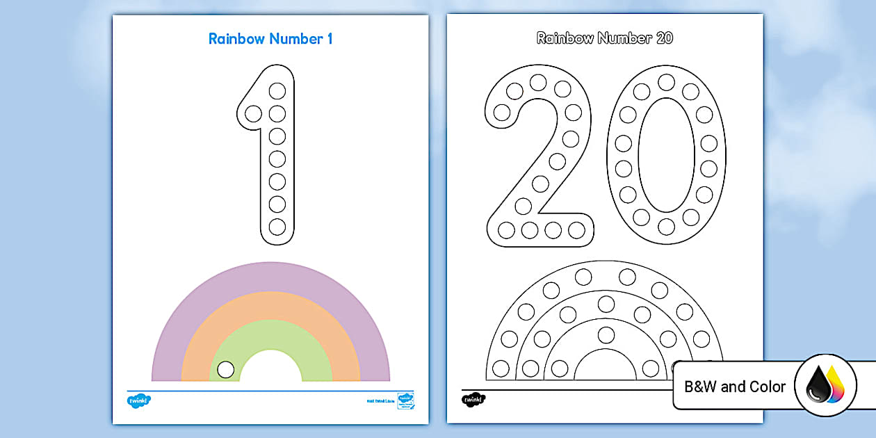 Rainbow Numbers 1-20 Dot Marker Worksheet (professor feito)