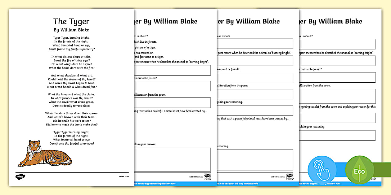 'The Tyger' Poetry Reading Comprehension Activity - English