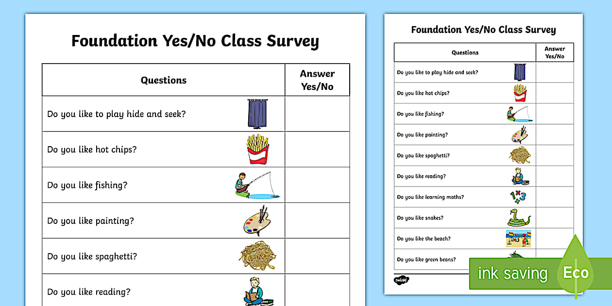 QLD Foundation Yes or No Class Survey Worksheet - Twinkl