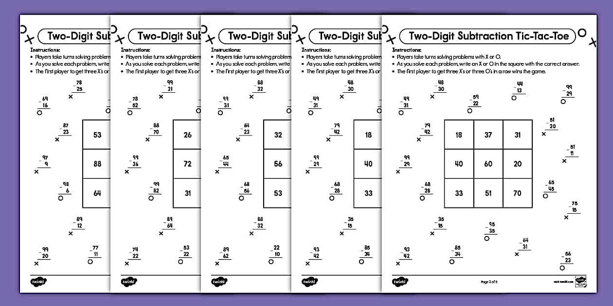 Two Digit Subtraction Tic-Tac-Toe Partner Worksheet - Twinkl