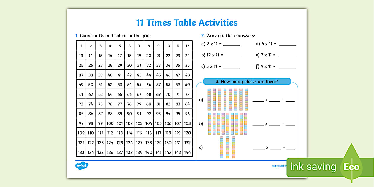 11 Times Table Worksheet - Maths Resource (teacher made)