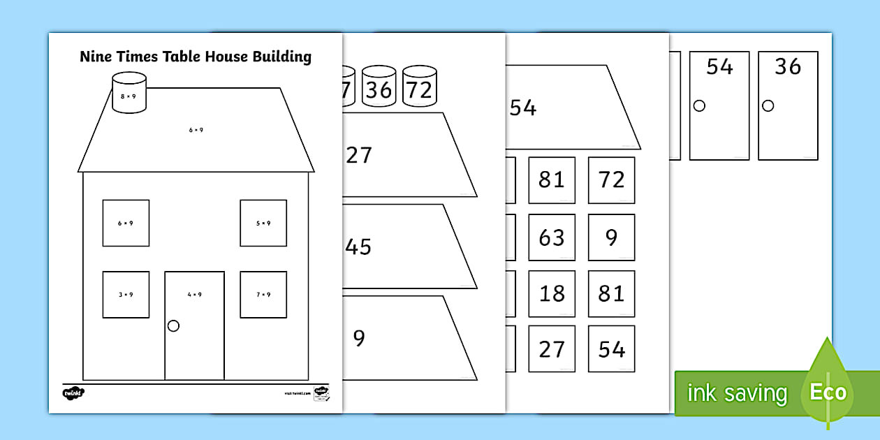 Nine Times Table House Building Worksheet - Twinkl