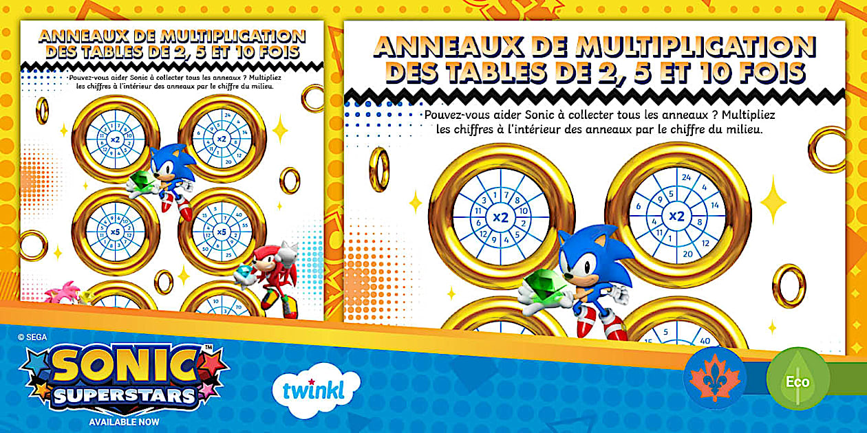 Sonic: 2, 5, and 10 Times Tables Multiplication Rings Activity French