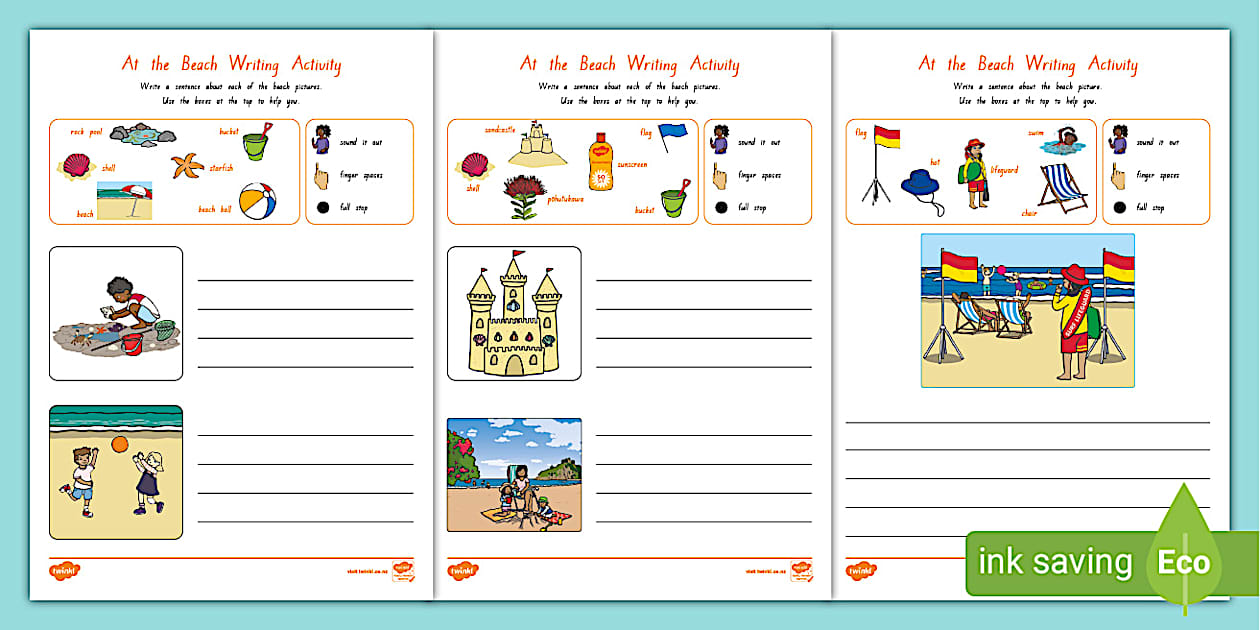 Editable At the Beach NZ Early Writing Activities - Twinkl