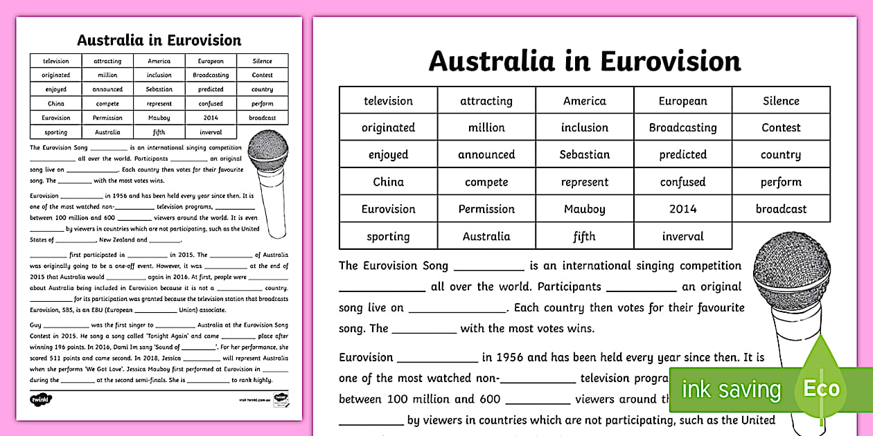 Australia In Eurovision Cloze Worksheet (teacher made)