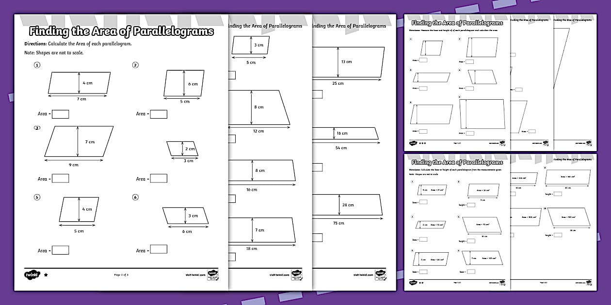 Sixth Grade Finding the Area of Parallelograms Differentiated Worksheets