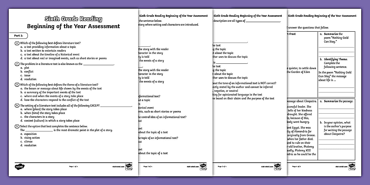 Sixth Grade Beginning of the Year ELA Reading Assessment
