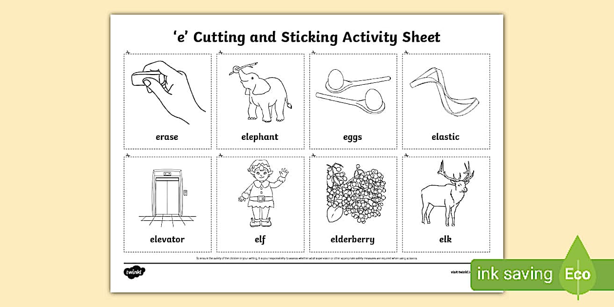 'e' Cutting and Sticking Activity (teacher made) - Twinkl