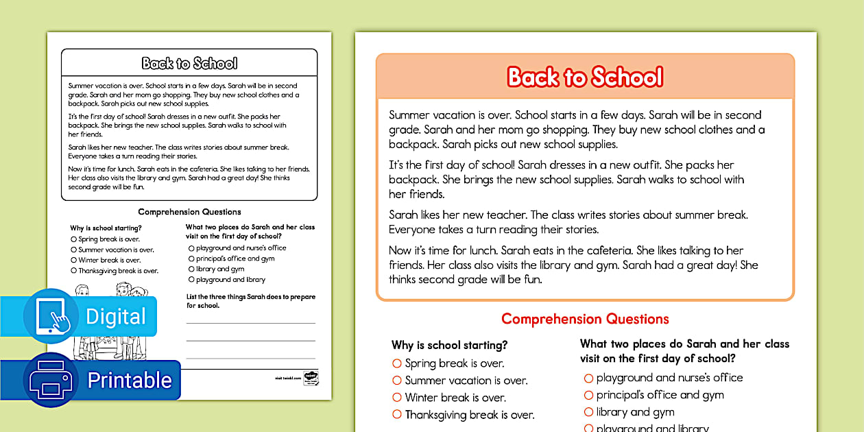 Back to School Reading Comprehension Worksheet | Twinkl USA